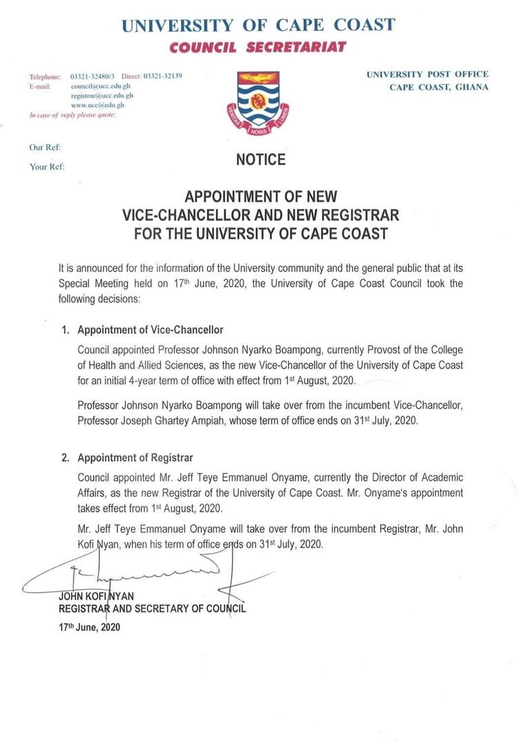 JUST IN: University of Cape Coast appoints new VC, Registrar